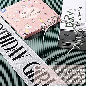 EOUQ Birthday Girl Headband and Sash - Rhinestone Birthday Crown and Sash Kit - Birthday Tiara and Sash Set - Silver