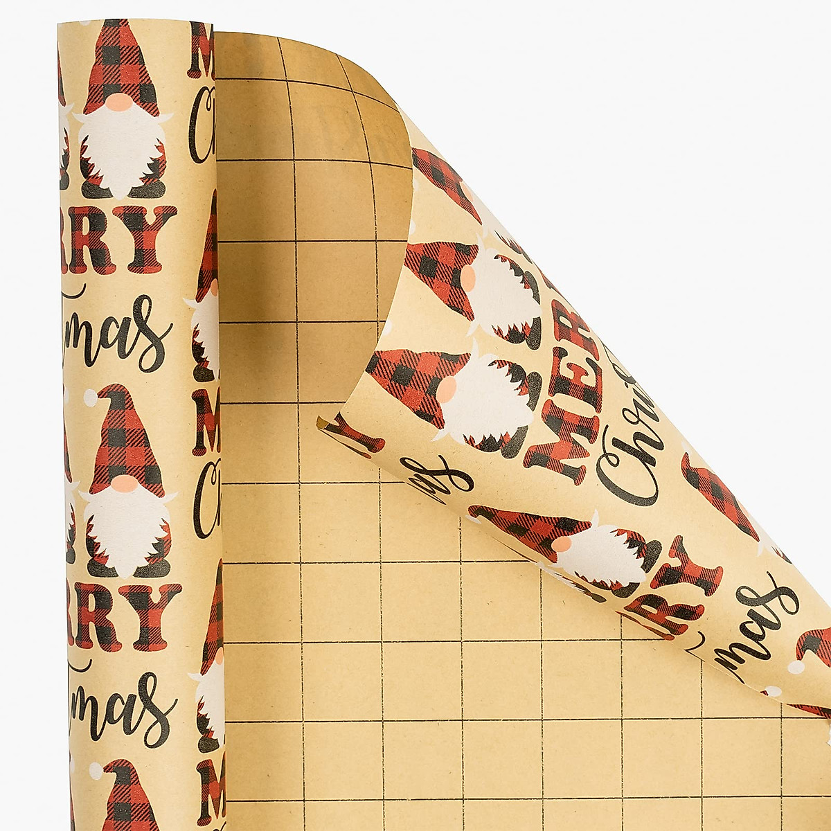 RUSPEPA Kraft Christmas Wrapping Paper Roll - Mini Roll - Red and Black Plaid Gnome Design for Holiday Gift Wrap - 17.5 Inches X 32.8 Feet