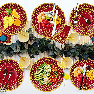 50 Pcs Burgundy and Gold Party Supplies,Gold Dot Party Tableware Set 9"&7"Burgundy Paper Plates Gold Dot Plates,Burgundy and Gold Party Decorations for Birthday Wedding Anniversary Graduation Decor