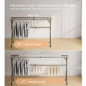 KitchLife Upgraded Clothes Drying Rack with Wheels, No Assembly Required, 63 Inches, Super Heavy Duty 201 Stainless Steel, Adjustable Foldable Laundry Drying Rack