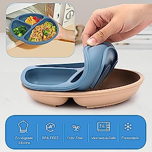 E-PRONSE Suction Plates for Baby Toddler Plates, 100% Food-Grade Silicone Divided Baby Plates, Baby Sunction Plate with Lid BPA Free,Microwave & Dishwasher Safe Blue +Tan