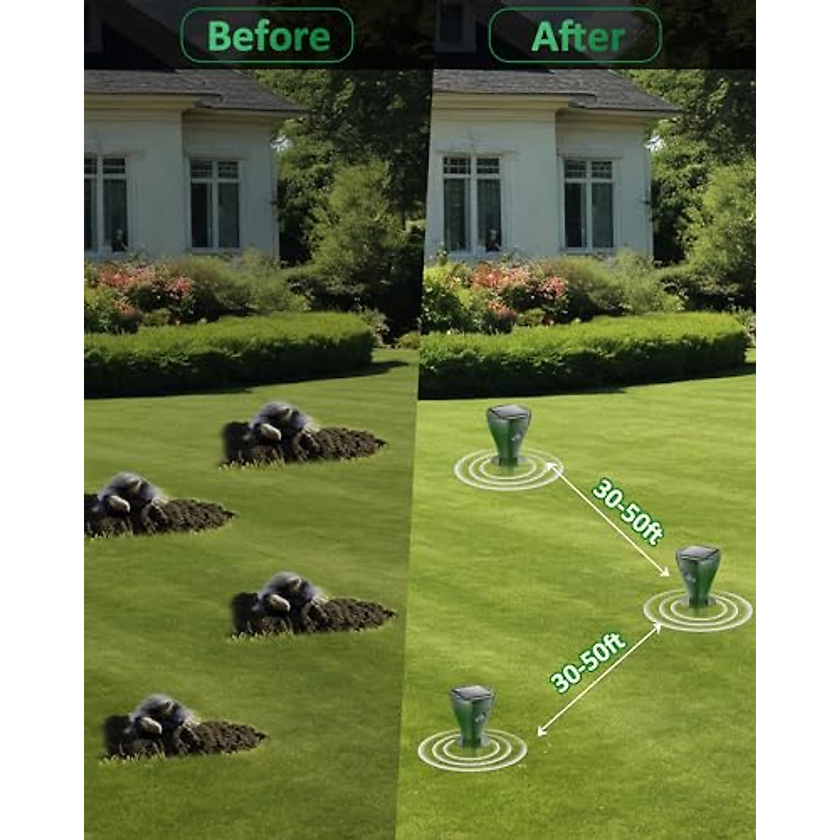Mole Repellent for Lawns, Solar Powered | Patent Screw-Shape-Stake Design | IP65 Waterproof, Varying Sonic and Vibration to Expel Mole Gopher Snake Vole, for Lawn Garden & Yard (4pc)