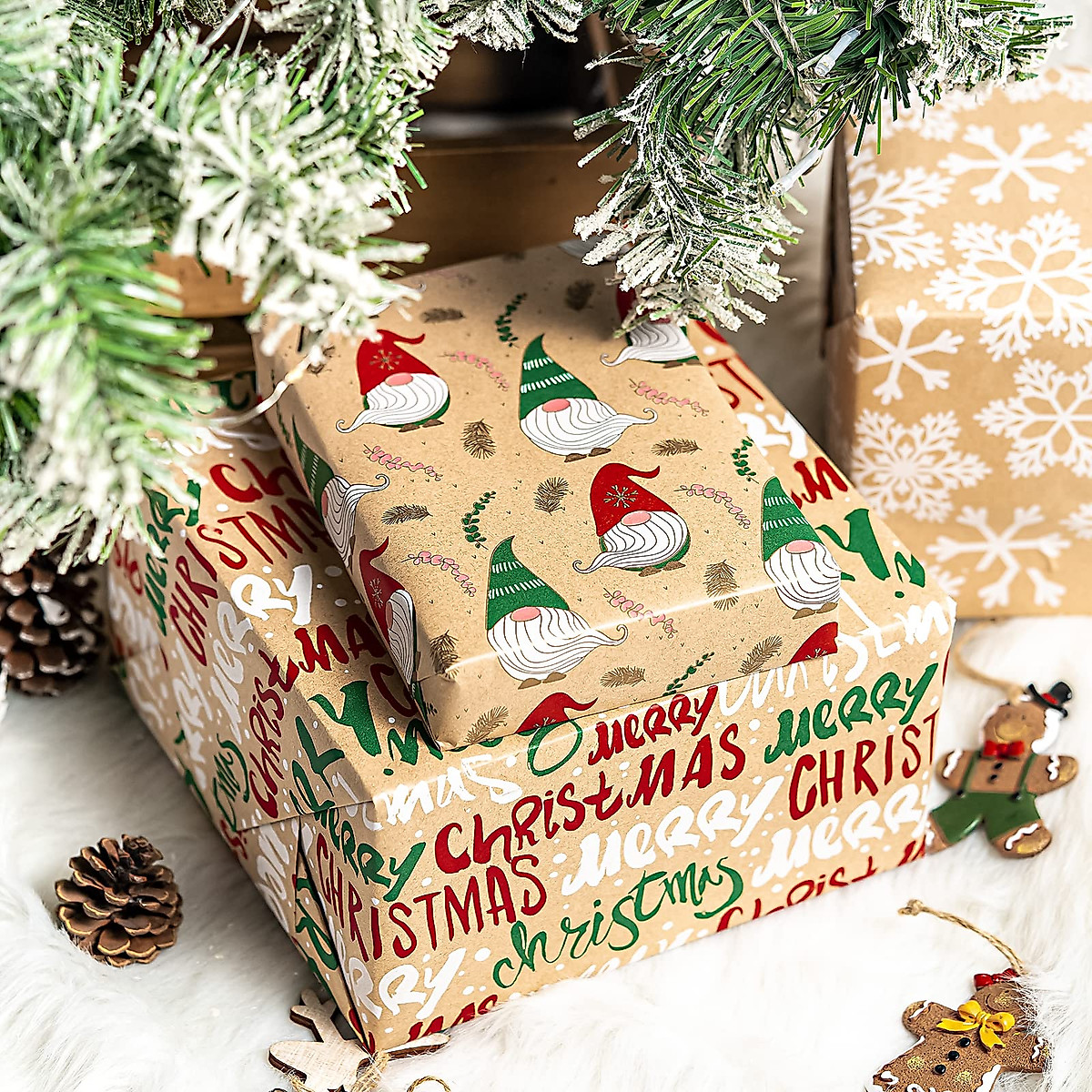 RUSPEPA Christmas Wrapping Paper, Kraft Paper - Santa Claus, Gnome, Snowflake and Merry Christmas - 4 Rolls - 30 inches x 10 feet per Roll