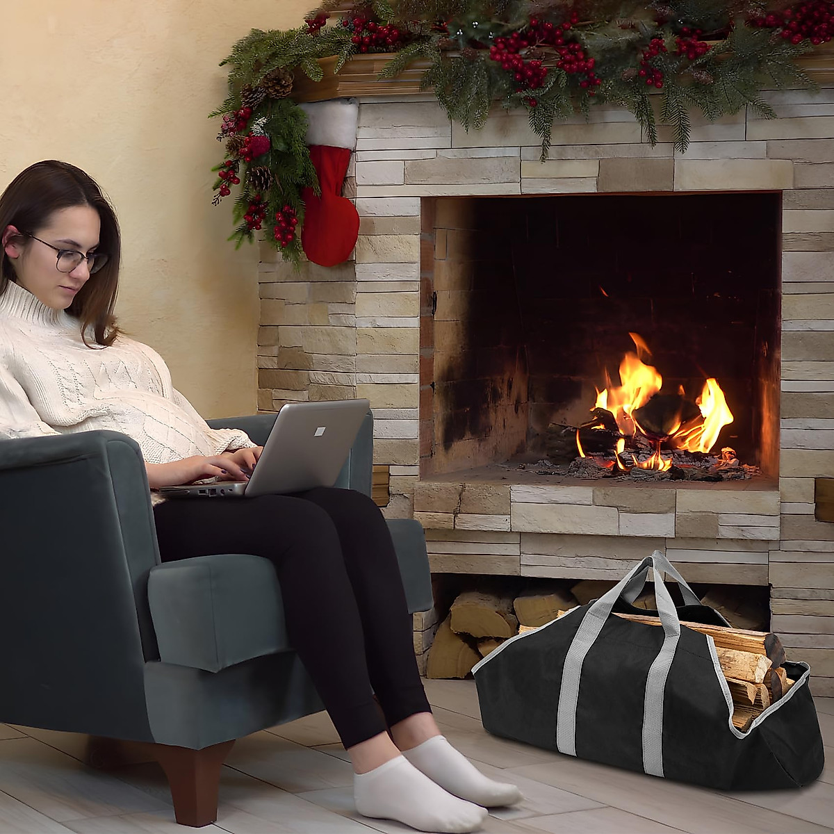 Stanbroil Canvas Firewood Carrier Bag, Durable Firepalce Log Tote with Handles for Wood Fire Stove, Outdoor Camping