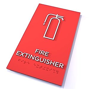 Kubik Letters Fire Extinguisher Sign, ADA Compliant Modern Design Sign with Grade 2 Braille for Fire Extinguisher Location with 3M Double Sided Tape