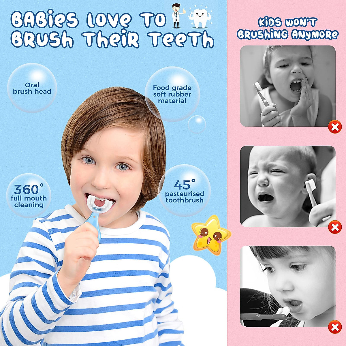 U Shaped Toothbrush Kids 4 Pack - Toddler Toothbrush with Food Grade Soft Silicone Brush Head, 360° Oral Teeth Cleaning Design for Kids' Toothbrush, Manual Whole Mouth Toothbrush for Kids Age 2-6