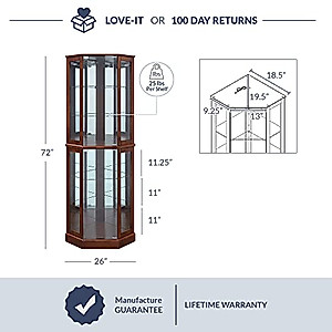 BELLEZE Lighted Corner Display Curio Cabinet Wooden Curved Shelving Unit with Tempered Glass Door, Bar and Liquor Storage Area with 6 Shelves - Ashfield (Walnut)