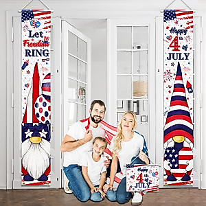 4th of July Gnomes Porch Sign Banner,4th of July Decorations Patriotic Gnome Door Hanging Banner Supplies for Independence Day Memorial Day Party Decorations