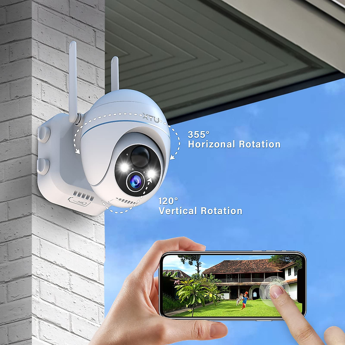 XTU Security Camera Outdoor, 2K Wireless WiFi 360° PTZ Camera, Solar Security Camera Battery Powered, Home Surveillance Camera with Spotlight & Siren/Motion Detection/3MP Color Night Vision/IP66.