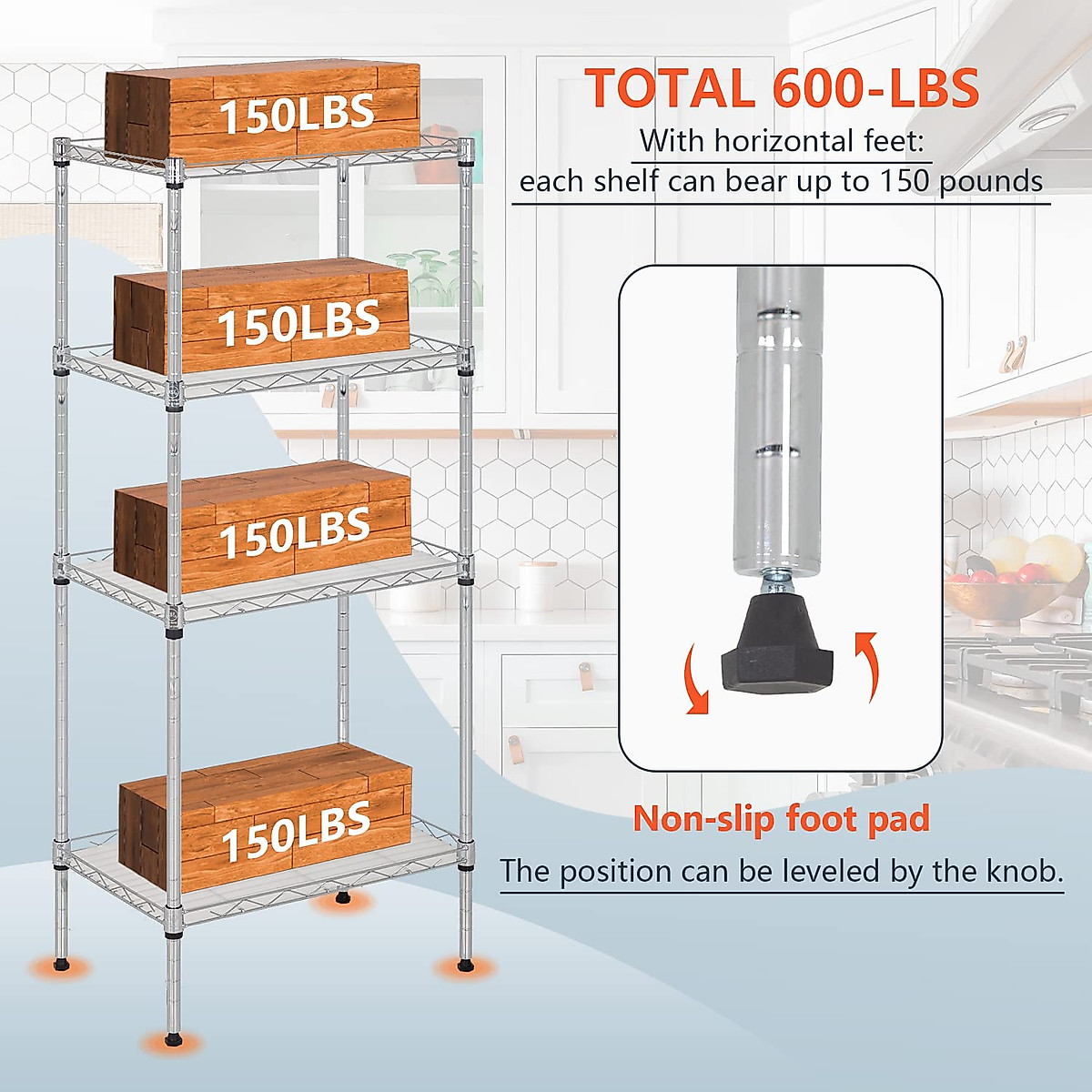 FDW 18L x 12W x 44H Wire Shelves with 4 PP Sheets Metal Shelf Storage Shelves 4 Tier Layer Storage Shelves for Laundry Bathroom Kitchen Garage,Chrome