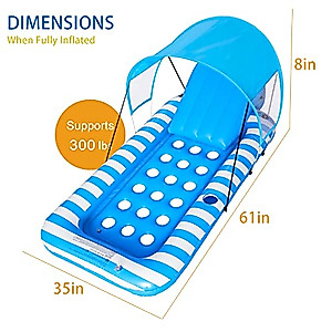 Inflatable Pool Float for Adults with Detachable Canopy and Cup Holder Outdoor Lounge Pool Lounger Rafts with Adjustable Inflatable Pillow for Swimming Lake Beach Vacation (Blue Stripe)