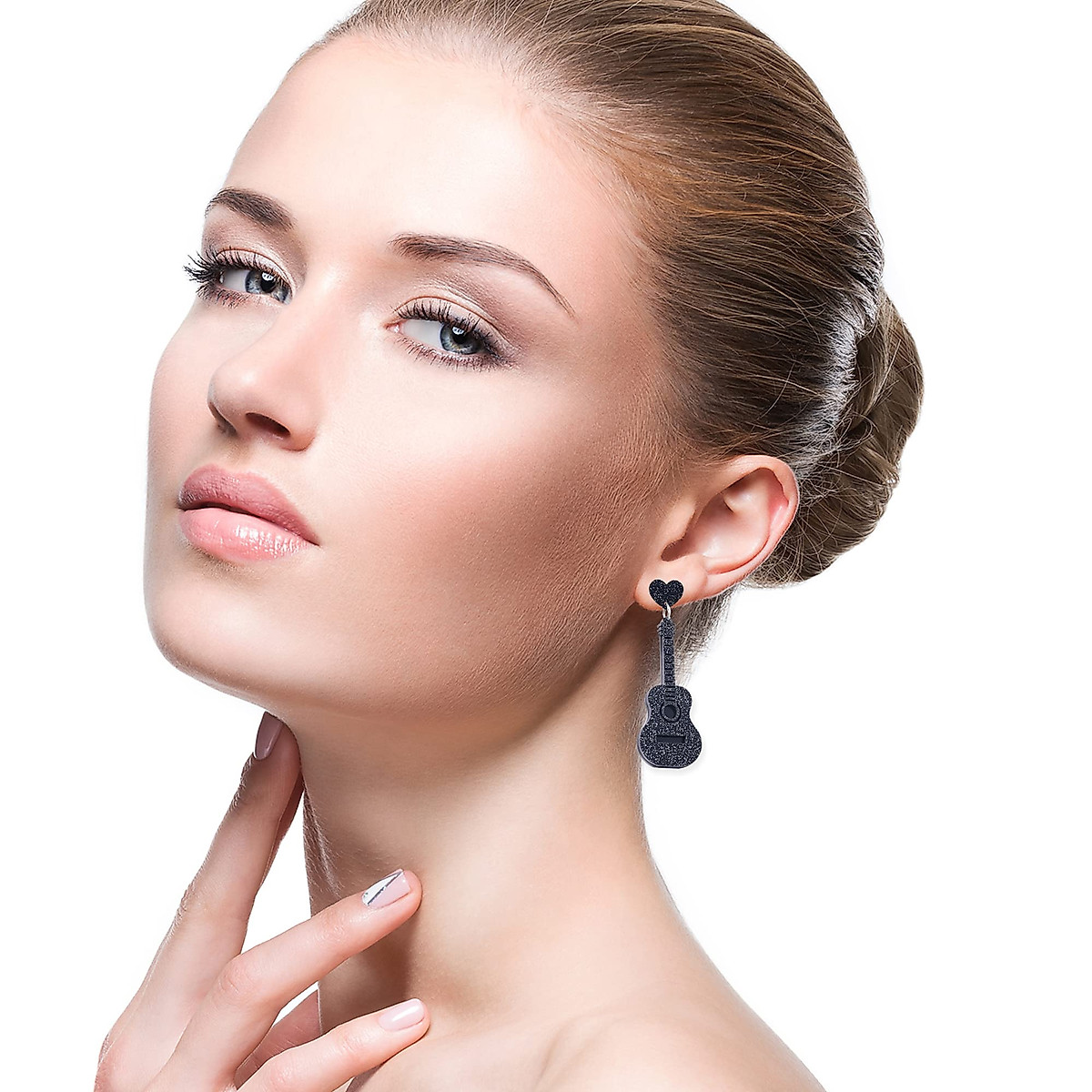 Acrylic Cute Music Bass Electric Guitar Earrings Charms Instrument Drop Dangle Jewelry Gifts for Women (Heart Shape- Black)