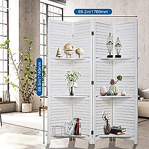 Tyyps 4 Panel 6 Ft Tall Wood Room Divider Folding Portable Privacy Wooden Screen Partition Wall Indoor/Outdoor Folding Screen w/Removable 3 Display Shelves Wooden Partitions for Home Office, White