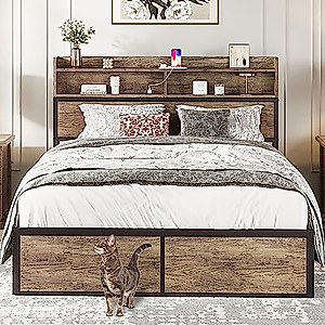 IRONCK Full Size Bed Frame with Bookcase Headboard with Charging Station, Mattress Foundation/No Box Spring Needed, Non-Slip Without Noise, Rustic Maple