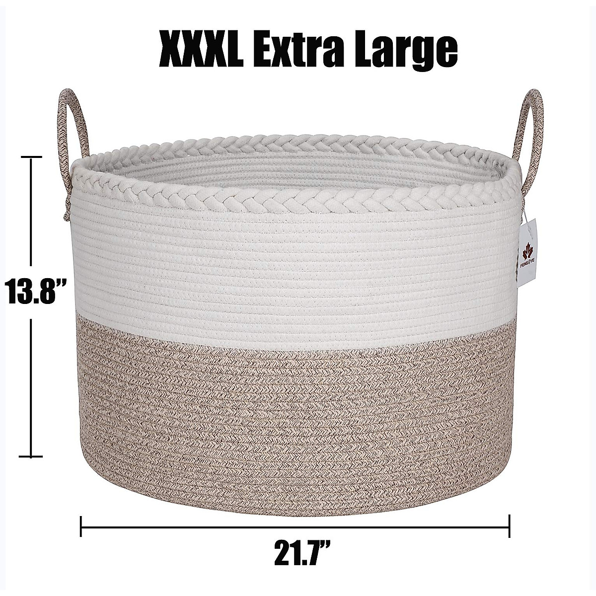 FENG@YE XXXL Extra Large 21.7 x 21.7 x 13.8 Inchs Natural Cotton Rope Basket Decorative Woven Basket Storage Baby Laundry Hamper with Handles for Baby and Kids Room Toy Bin Blanket Basket