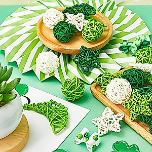 36 Pcs St Patrick's Day Rattan Balls Stars Moon DIY Vase Filler Craft Bowl Wicker Rattan Balls Green Ball Vase Filler Decoration Hanging for Table Wedding Party Decor Ornament