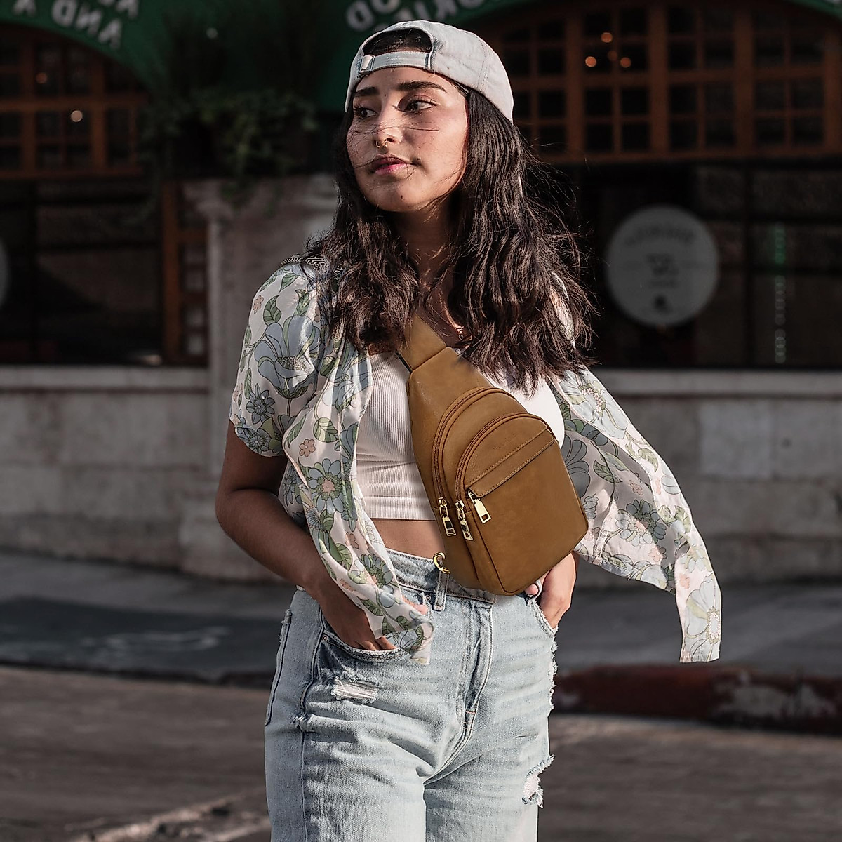 WOOMADA Sling Bag Crossbody Vegan Leather Fanny Packs for Women Fashionable Chest Bag for Travel(brown)