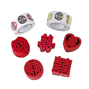 Kcgani 150 Pcs Mini Double Happiness Confetti, 2 Rolls Wedding Favor Sealing Labels Stickers, Chinese Traditional Wedding Decoration Supplies for New House Candy Fruit Plate Layout