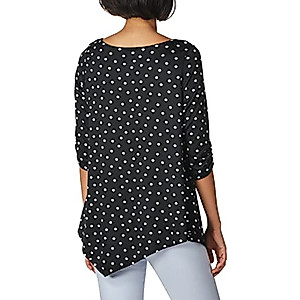 Star Vixen Women's Plus-Size Hanky Hem Top, Elbow Sleeve with Cinch Detail, Black/White dot, 3X