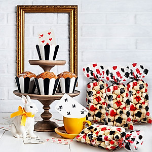 100 Pieces Casino Party Cellophane Treat Bags, Black Red Las Vegas Poker Party Plastic Candy Bags Goodie Favor Bags with 100 Silver Twist Ties for Casino Themed Poker Birthday Party Supplies