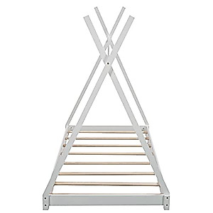 Twin House Bed, Floor Bed, Tent Bed, Wood Platform Bed Frame with Roof for Toddlers Kids Boys Girls Teens, No Box Spring Needed – White