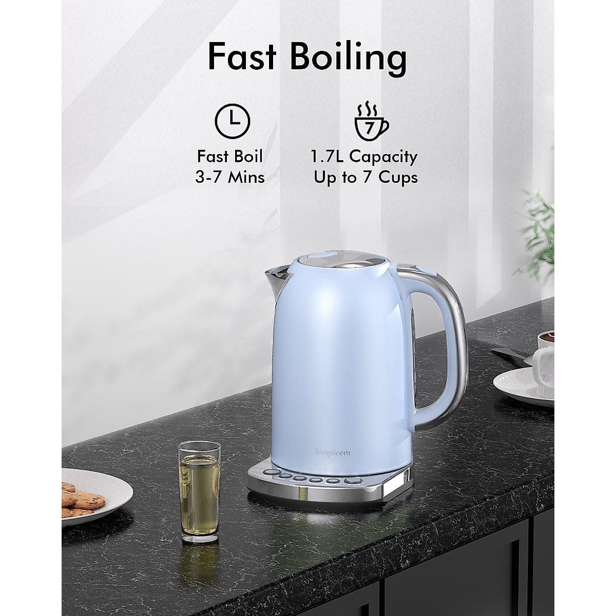 Electric Tea Kettle with Temperature Control, Longdeem 1.7L Stainless Steel Water Boiler & Heater, 1500 Watts for Fast Boiling, Cordless Serving with LED Light, Pastel Blue