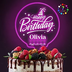 LED Personalized Happy Birthday Cake Toppers 7 Colour Changes Light Up Cake Topper Acrylic Cake Toppers Cake Decorations for 1st 16th 18th 20th 21st 30th 40th 50th 60th 70th(Design1)
