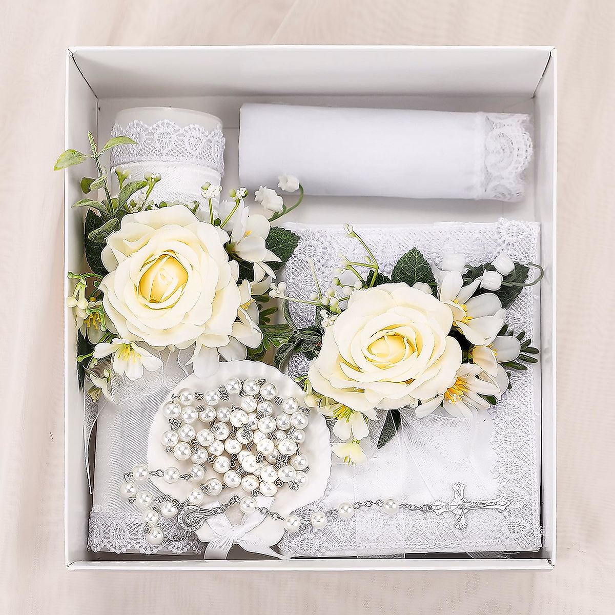 Threlaco 5 Pcs Baptism Candle Set Included Catholic Candle Devotional Candles with Flower, Baptism Towel, Rosary, Bible for Christenings Baptismal Party Favors(White)