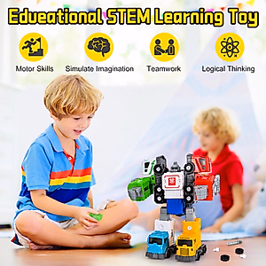 Hiitytin 5-in-1 Vehicles Toy Playset, Transforming Robot Truck Toys for Kids, Metal Transport Truck Vehicles Toys for Boys & Girls Ages 3-8, DIY STEM Building Cars Kit Toddler Toys