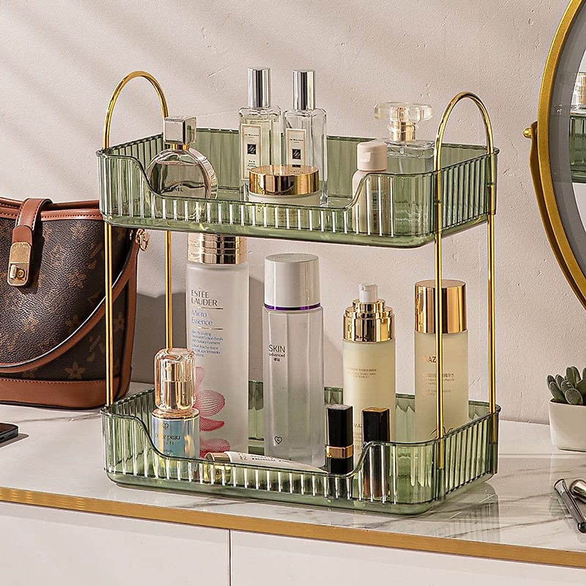 shuang qing Bathroom Counter Organizer Countertop Storage, Cosmetics Skincare Shelf Organizer, Makeup Organizer Perfume for Dresser Vanity Tray, Spice Rack Organizer for Kitchen(2 Tier-Green)