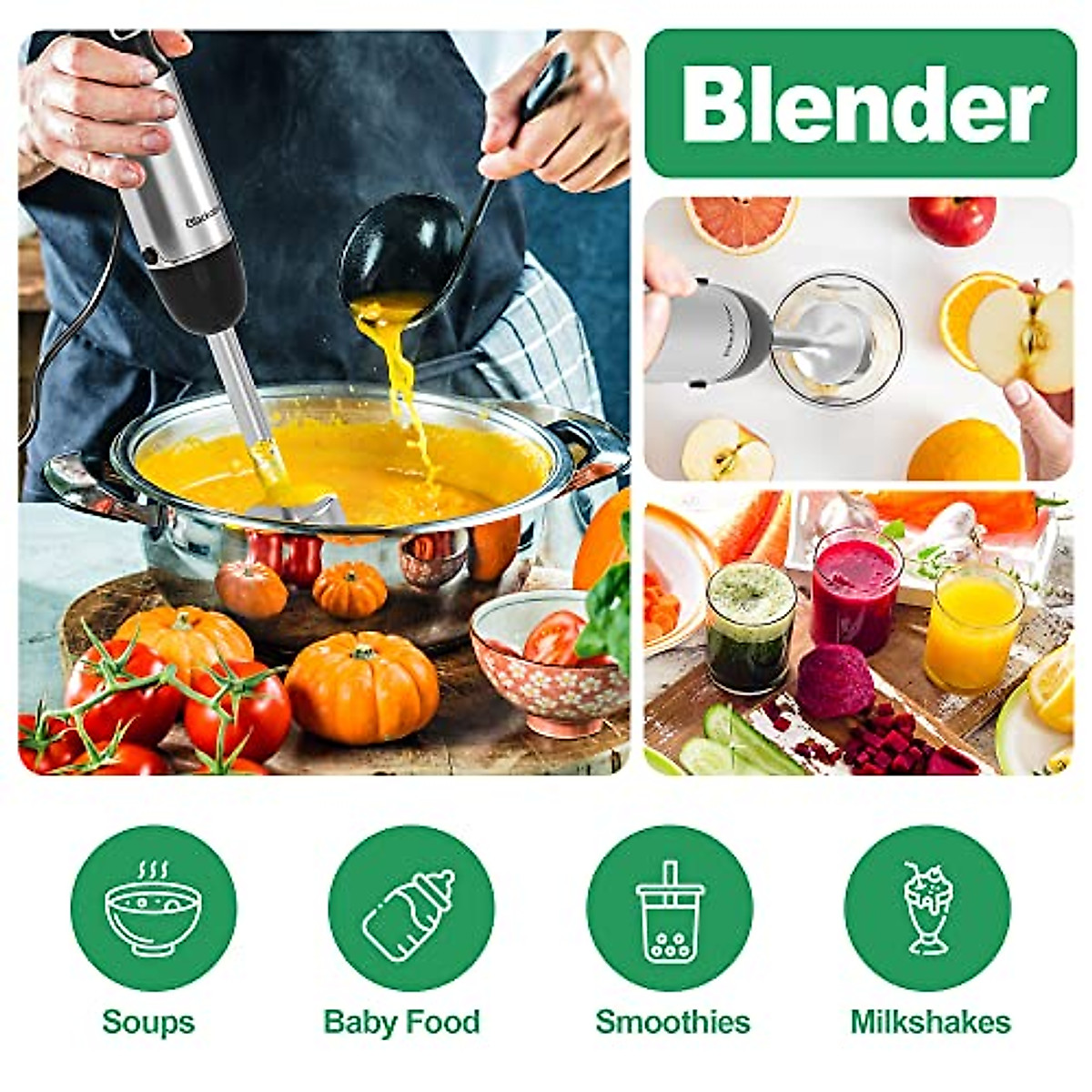 Blackcow Immersion Hand Blender,800W 5-in-1 Hand Blender Electric 12-Speed with Turbo Mode,Handheld Blender Stick with Titanium Stainless Steel Blades for Soup, Smoothie, Puree, Baby Food