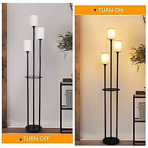 Stepeak Floor Lamp with Shelves, Modern Floor Lamps for Living Room, 3-Lights Standing Lamp with Linen Shade and Foot Switch, Industrial Standing Lamps for Bedroom, Black Tall Table Lamp for Office