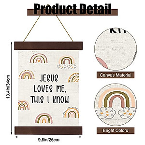 Boho Rainbow Nursery Wall Decor Baptism Gift for Girls Jesus Loves Me This I Know Christening Baby Hanging Canvas Wooden Dedication for Kids Baby Nursery Room, 10 x 13.4 Inches (Rustic Style)