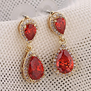 Ruby Gold Earrings for Women - 14k Gold Plated Teardrop Earrings Sterling Silver Pear-shaped CZ Cubic Zirconia Crystal Rhinestone Drop Earrings Bridal Jewelry for Bride Bridesmaids Party Prom Dance