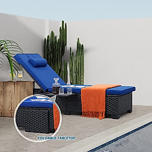 WAROOM Outdoor Chaise Lounge Chair PE Wicker Patio Furniture Set of 2 Black Rattan Pool Lounge Chairs Adjustable Backrest Recliners with Royal Blue Cushion