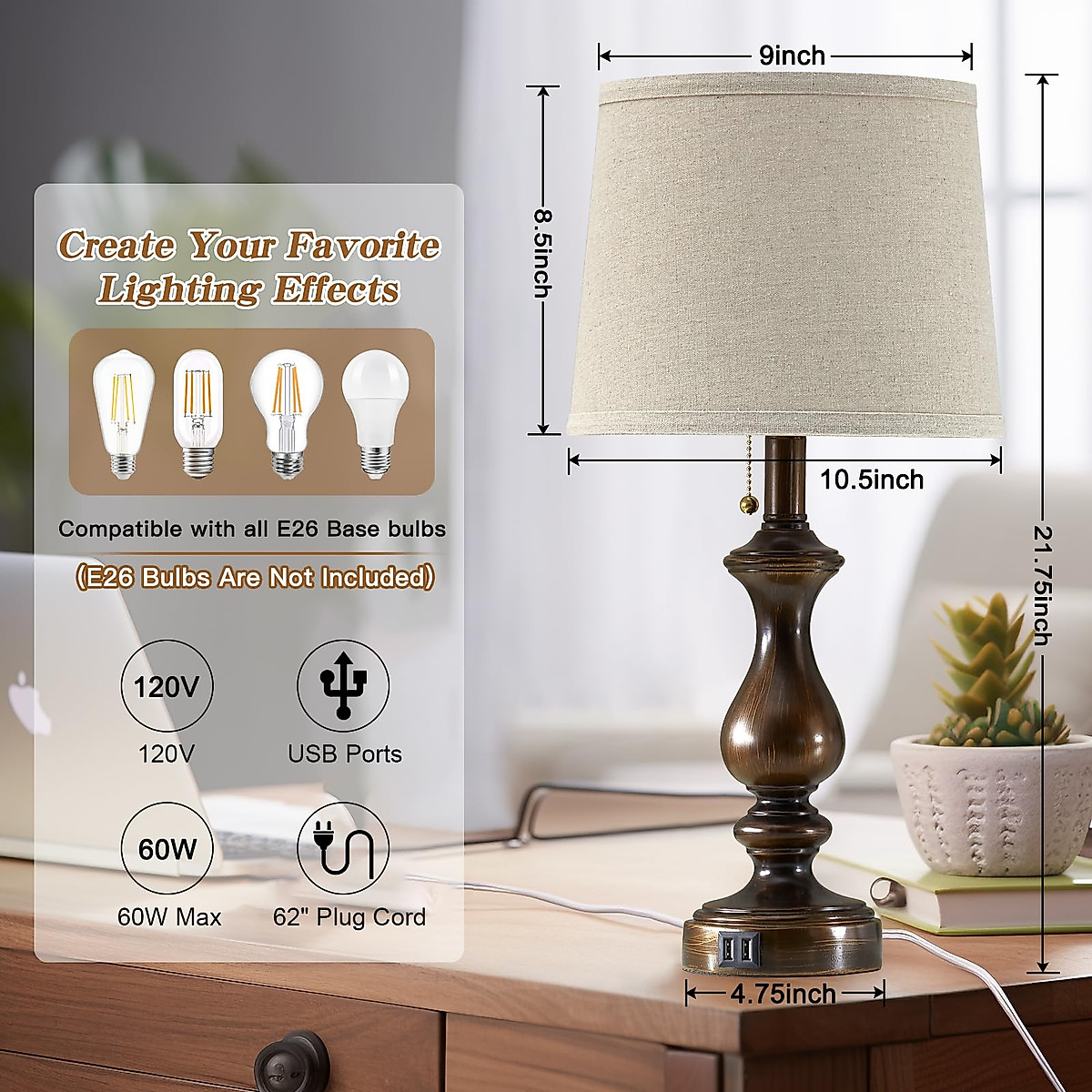 Drawealth Table Lamps Set of 2 Farmhouse Bedside Lamps for Nightstand with USB Charging Ports Traditional Small Side Table Lamps for Bedroom Living Room End Tables, Brown, Pull Chain, 21.75''