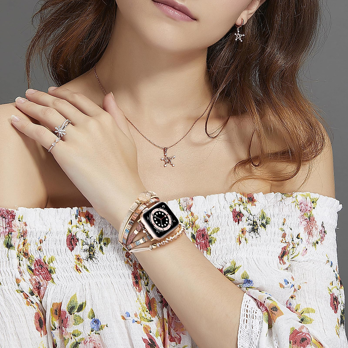 VISOOM Beaded Boho Bracelet Compatible for Apple Watch Band 40mm/38mm/41mm/42mm Series 10 9 8 7 SE Series 6/5/4 Women Leather Fashion Cute Handmade Multilayer Wrap Watch Strap for iWatch Bands 3/2/1