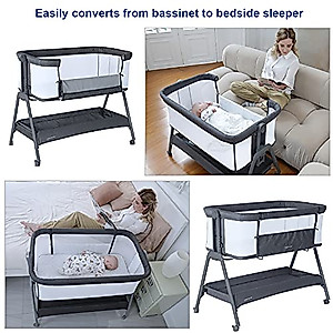 ANGELBLISS Baby Bassinet Bedside Crib with Storage Basket and Wheels, Easy Folding Bed Side Sleeper Adjustable Height Portable Crib for Newborn