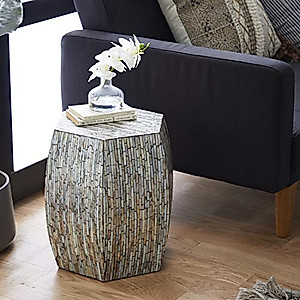 Deco 79 Mother of Pearl Shell Handmade Side End Accent Table Shell Mosaic Hexagon End Table with Brown Accents, Side Table 16" x 16" x 16", Gray