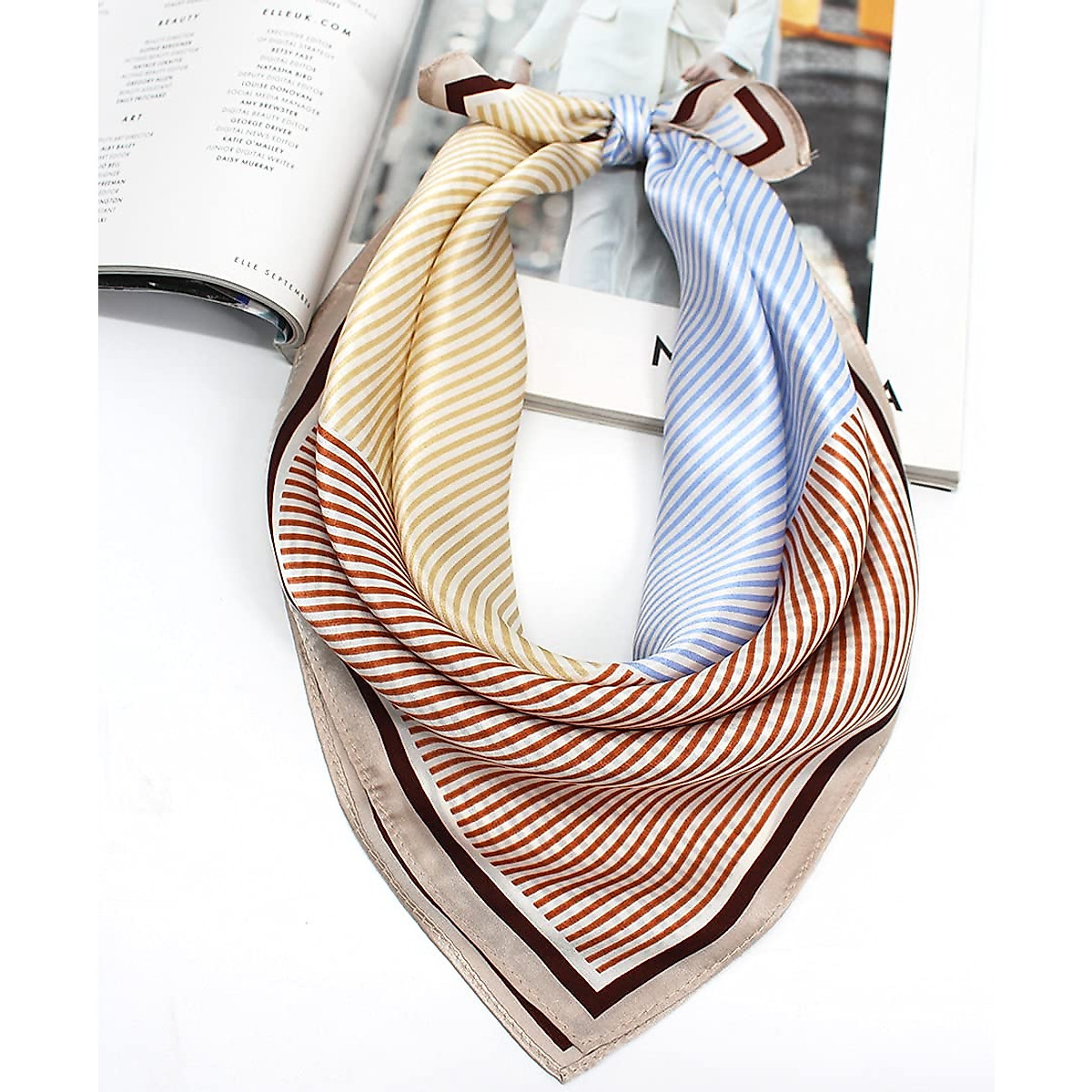 ANDANTINO 100% Pure Mulberry Silk Scarf -21” Lightweight Small Square Neckerchief – Breathable Digital Printed Scarves with Gift Packed (Contrast Color-Stripes)