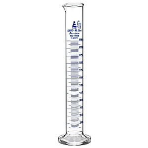 EISCO Graduated Cylinder, 250ml - Class A Tolerance ±1.00ml - Round Base - Blue Graduations - Borosilicate 3.3 Glass