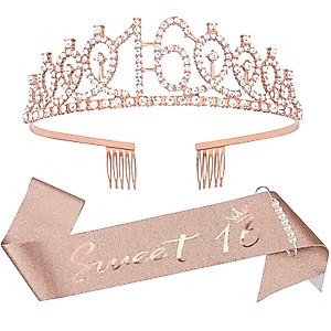 16th Birthday Crown and Sash Kit- "Sweet 16"Birthday Decorations 16th Birthday Party Gifts Birthday Party Supplies for Girls (rose gold)