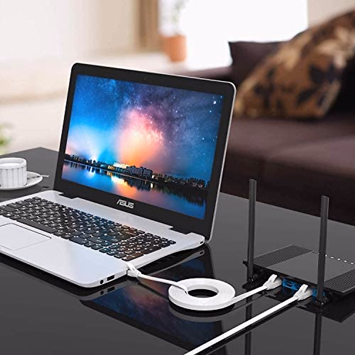 WISCENT Cat 6 Ethernet Cable 50 ft White - Flat Internet Network LAN Patch Cords – Solid Cat6 High Speed Computer Wire with Clips& Snagless Rj45 Connectors for Modem, Router – 50 feet