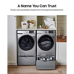 SAMSUNG 27-Inch Washer Dryer Pedestal Stand w/ Pull Out Laundry Storage Drawer, Stainless Steel, WE402NP/A3, Platinum