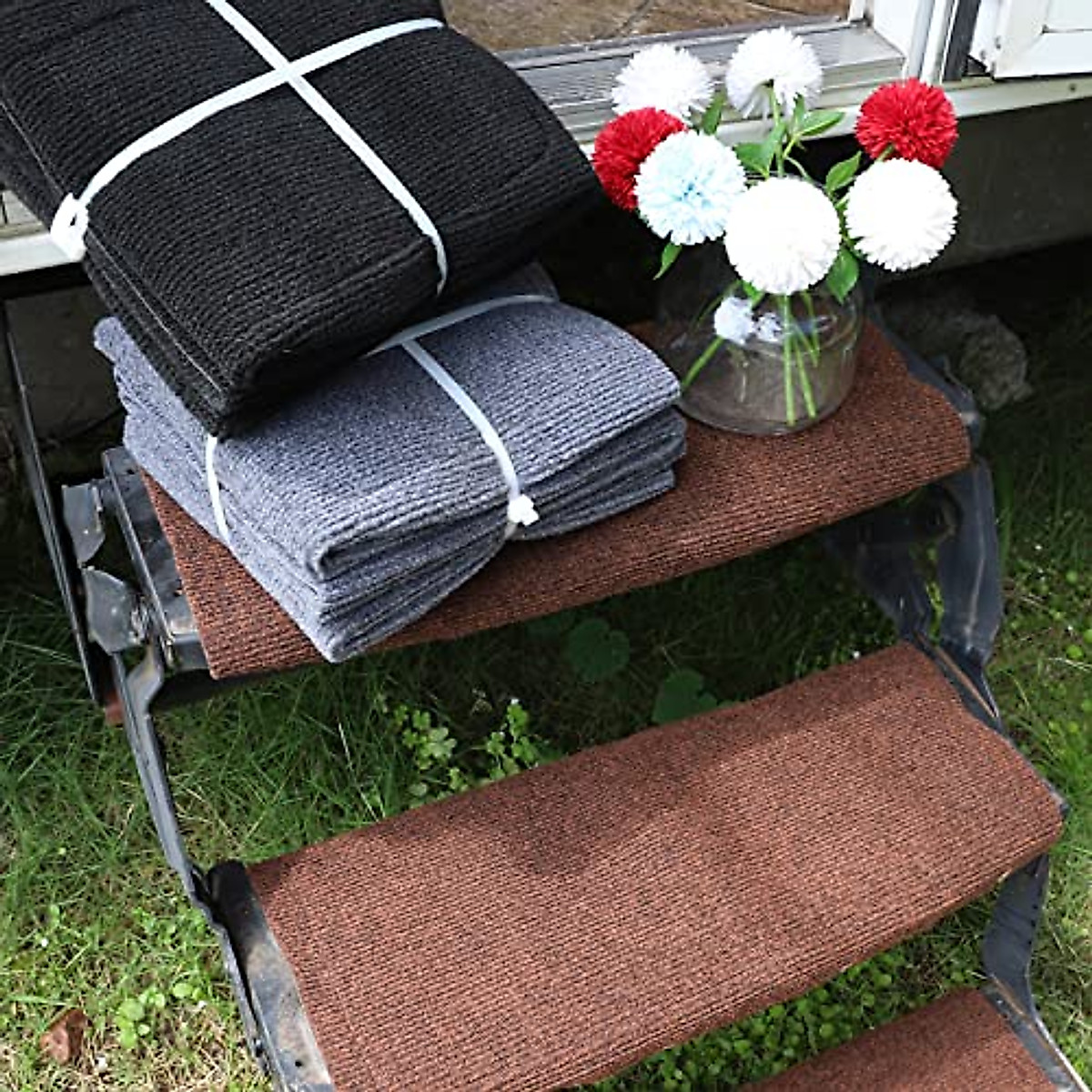 BLACKHORSE-RACING RV Steps Covers Rugs 3 Pack, 18" Inch Wide RV Camper Step Stair Covers, Wrap Around Camper Stair Rugs Radius Carpet with Spring Hooks, Black