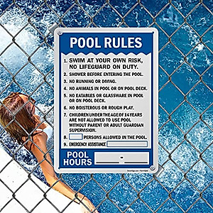 SmartSign 14 x 10 inch “Pool Rules - Swim At Your Own Risk, Shower Before Entering, Emergency Assistance, Pool Hours” Write-On Metal Sign, 40 mil Laminated Rustproof Aluminum, Blue, Black and White