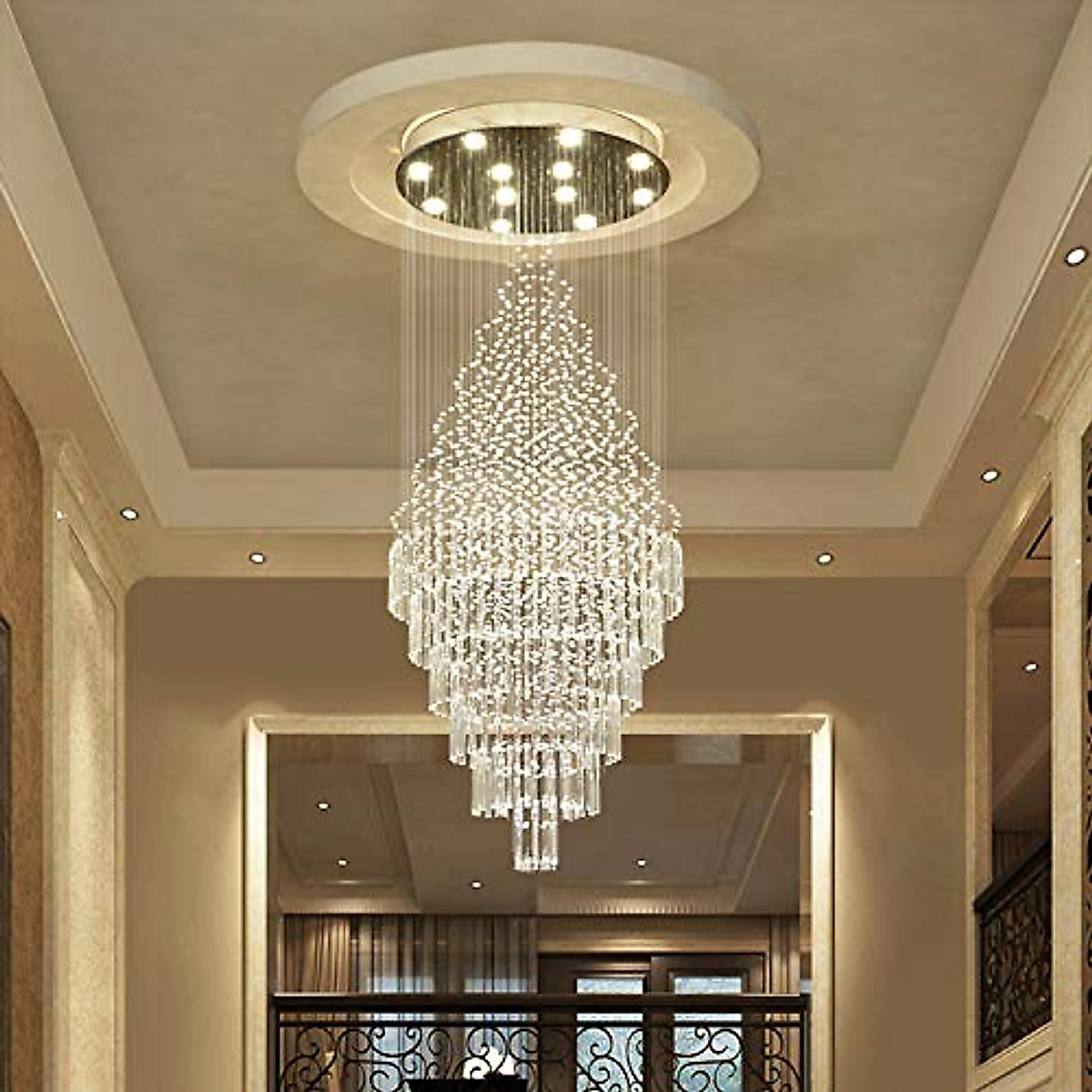 Luxury Large Foyer Chandelier, Modern 12-Lights Round Raindrop Crystal Chandeliers High Ceiling Flush Mount Light Fixtures for LivingRoom Entryway, Stairs D31.5 X H86.7 of CRYSTOP