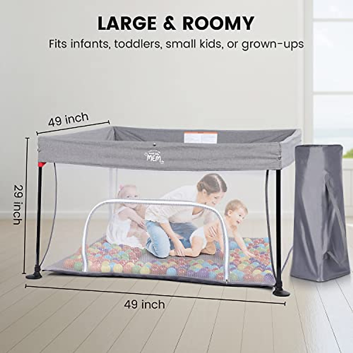 MEM Baby Playpen, Foldable Playpen for Babies and Toddlers, Indoor Outdoor Playpen Baby Activity Center with Zipper Gate, Pop Up Portable Playpen Play Yard for Baby, 49"x49", Grey