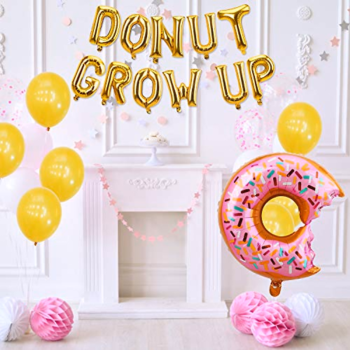 Kauayurk Donut Grow Up Balloons Banner Decorations - Donut Birthday Party Decorations Supplies - Gold Donut Theme Party Decor for Girls Boys Baby Shower