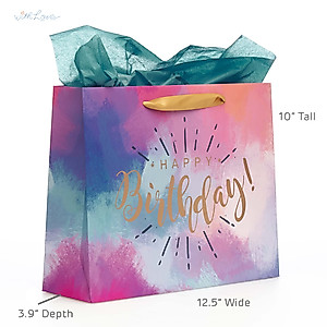 WITH LOVE Happy Birthday Women's Large Gift Bag Set w/Card & Tissue Paper Blue Pink Purple Watercolor Design for Her Birthday Inspirational Gift Wrap Bag, Landscape 10" x 12.5" x 3.9"